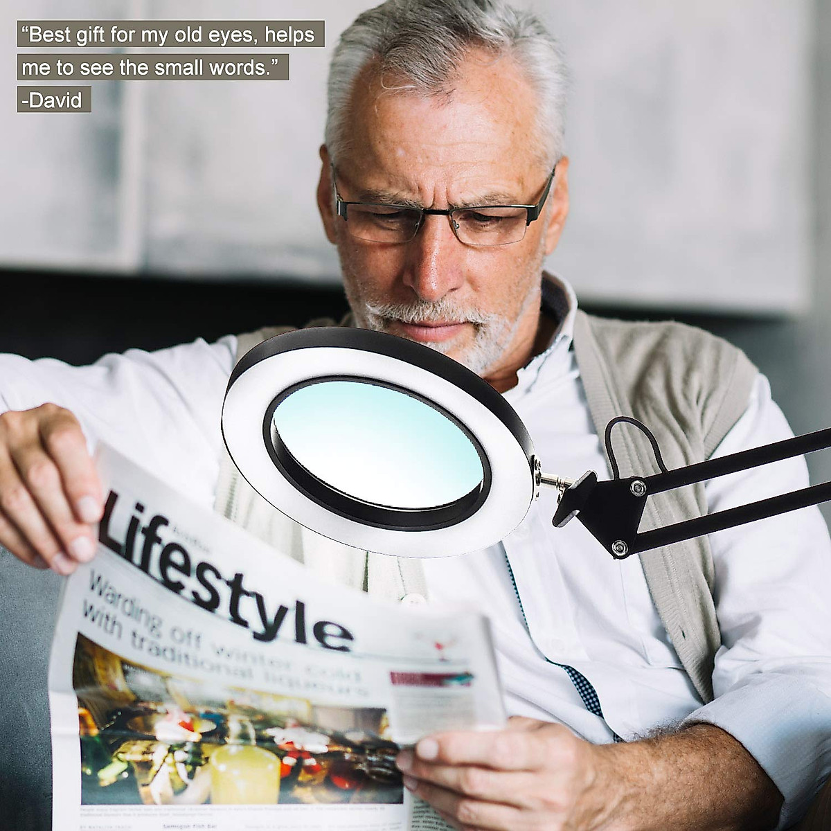 Psiven Magnifying Glass Floor Lamp, Dimmable LED Magnifying Lamp with Clamp - 12W, 3 Lighting Modes, 5 Diopter, Height Adjustable - Super Bright Floor Lamp with Magnifier for Reading, Craft, Task