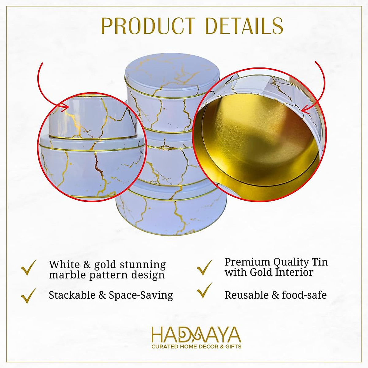 Pack of 3 Stackable Round Metal Tin Containers with Lids – Multipurpose Tins for Cookies, Candies, Kitchen Essentials & More | Thoughtful Gift for Women's / Mother's Day – Elegant White Gold Design