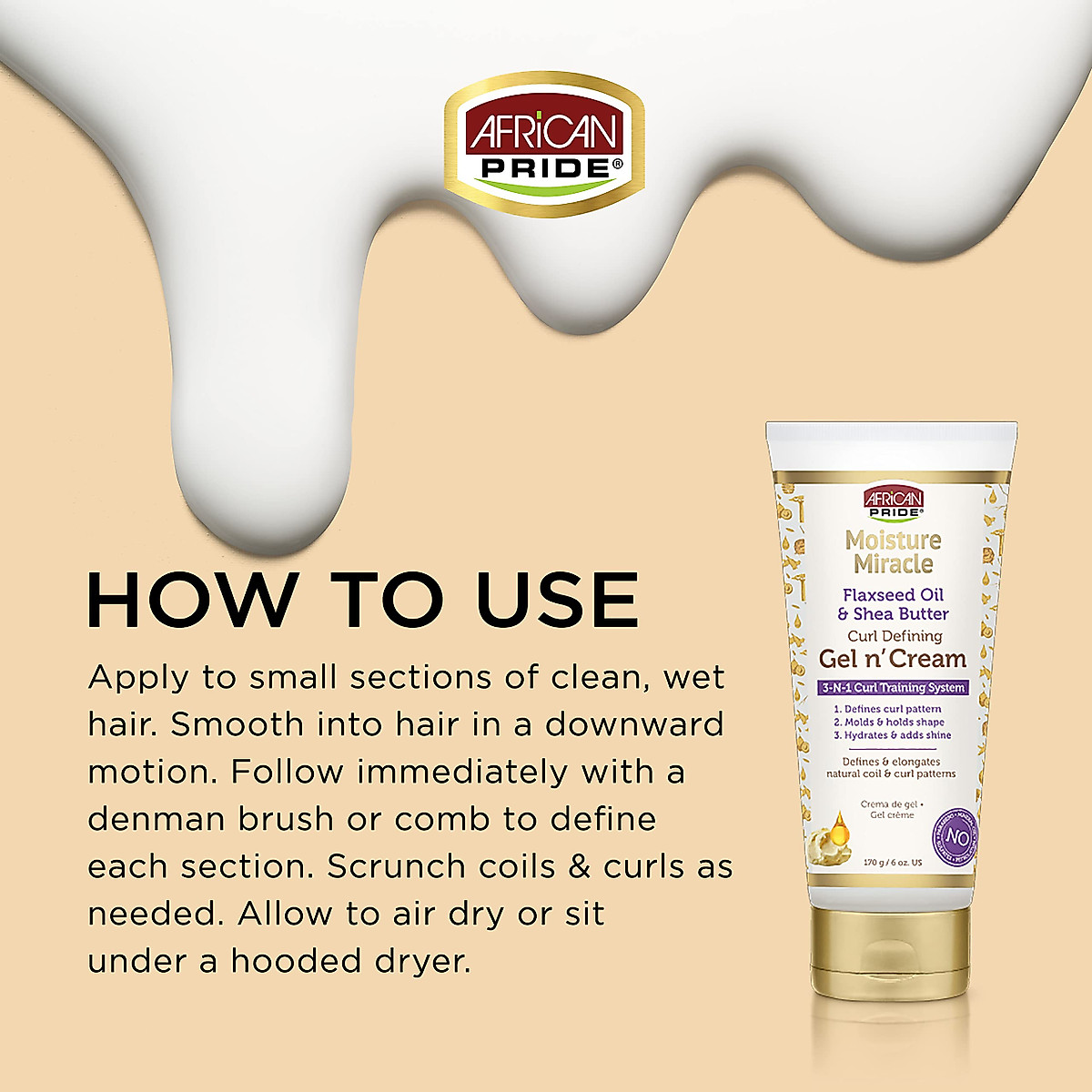 African Pride Moisture Miracle Gel n' Cream - 3-In-1 Curl Training System, Defines Curls, Holds Shape, Hydrates, Adds Shine, Contains Flaxseed Oil & Shea Butter, Defines & Elongates, 6 oz