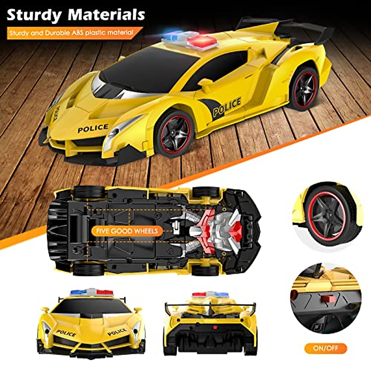 Febyhim Remote Control Car, Transform Robot RC Car with One-Button Transforming 360 Degree Rotation Drifting, 1:18 Scale Police Car Ideal Xmas and Birthday Gift Toys for 8+ Year Old Boys/Girls