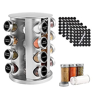 Rotating Spice Rack with 16 Jars, Revolving Spice Rack Organizer for Cabinet, Seasoning Organizer Stainless Steel Kitchen Spice Tower with Labels for Countertop