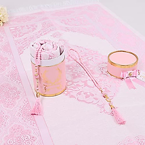 Islamic Elite Favors Personalized Muslim Lightweight Travel Prayer Rug Prayer Beads Set, Prayer Mat Tasbeeh Set, Ramadan Eid Hajj Umrah Wedding Birthday Graduation Mother's Day (Pink)
