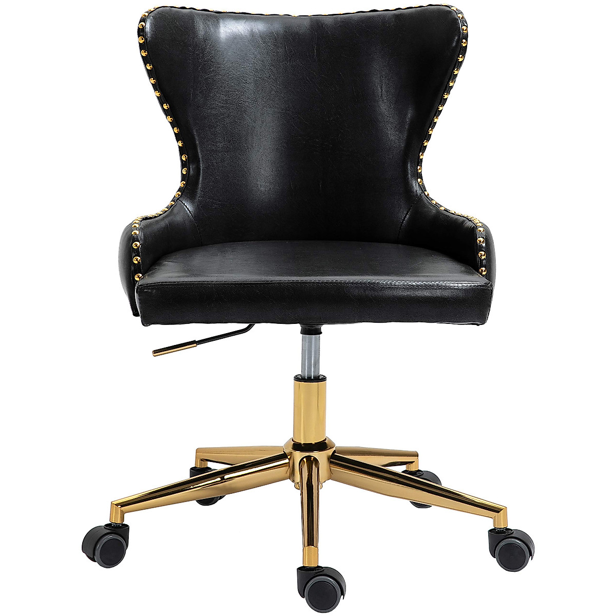 Meridian Furniture 167Black Hendrix Collection Modern Contemporary Vegan Leather Upholstered Swivel Adjustable Office Chair with Button Tufting and Gold Base, Black, 21.5" W x 24" D x 30.3"-32.6" H