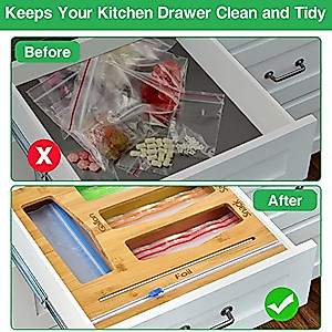 Creatart Bamboo Foil and Plastic Wrap Dispenser with Cutter 6 in 1 Ziplock Bag Storage Organizer for Drawer 12" Food Storage Bag Organizer for Gallon, Quart, Sandwich and Snack