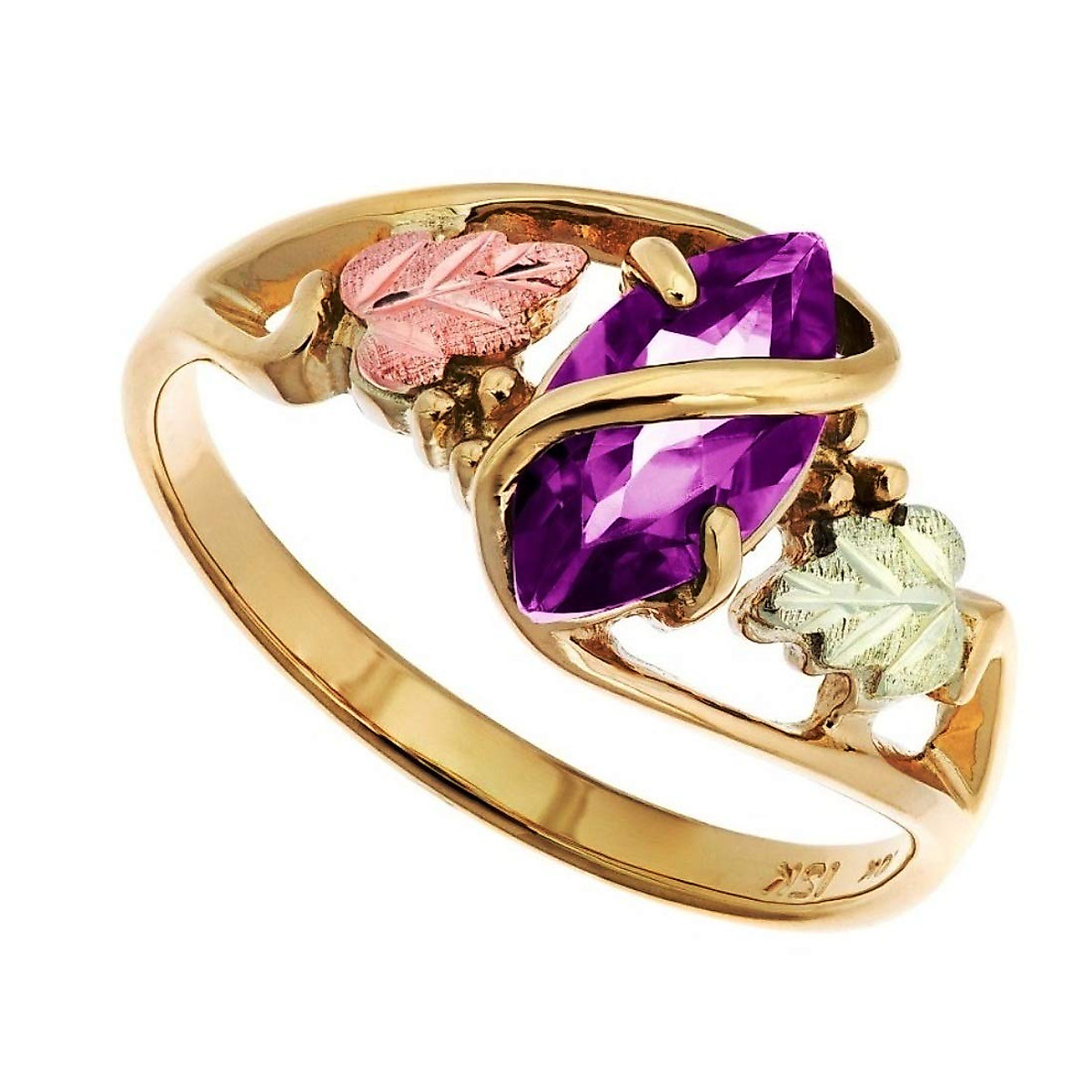 Amethyst Marquise Petite Leaf Ring, 10k Yellow Gold, 12k Green and Rose Gold Black Hills Gold Motif, Size 10.75