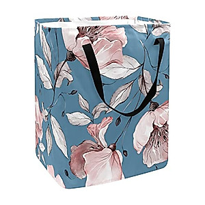 Blossom Flower in Blue Print Collapsible Laundry Hamper, 60L Waterproof Laundry Baskets Washing Bin Clothes Toys Storage for Dorm Bathroom Bedroom