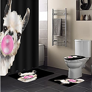 SDDSER Funny Alpaca Shower Curtain Set, 4PCS Bathroom Sets with Shower Curtain and Bath Mat, Toilet Lid Cover and U Shaped Rugs, 71" x 72" Bathtub Curtain with Hooks, SETLSSD109