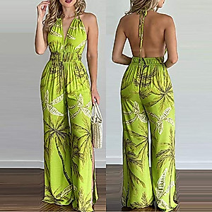Women's Sexy Deep V-Neck Halter Wide Leg Jumpsuit Backless Floral Print High Waist Romper Pants(Green, S)