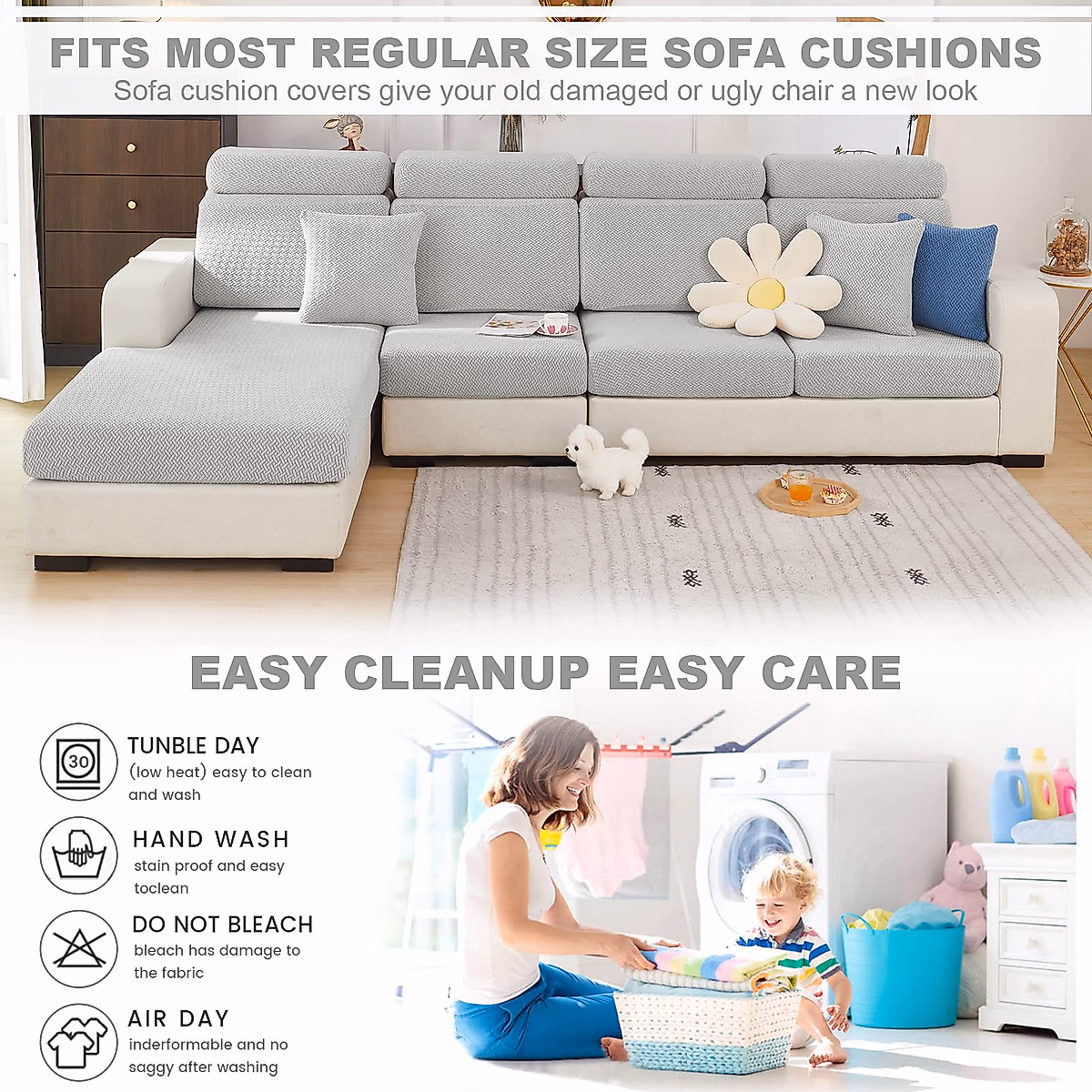 2024 New Wear-Resistant Universal Sofa Cover, Stretch Couch Cushion Slipcovers Replacement, Anti-Slip L Shape Sofa and Chaise Lounge Sofa Slipcover (Weave Light Grey,Chaise Cover)