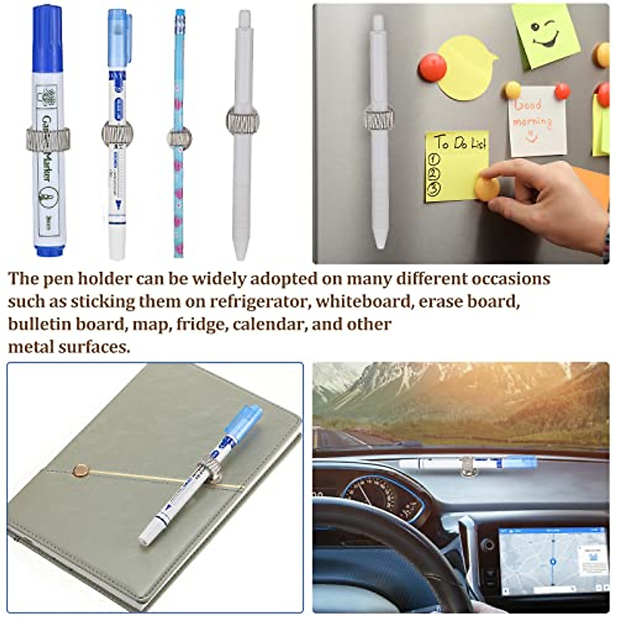 Colarr 50 Pieces Metal Pen Holder Clips Self Adhesive Pen Pencil Organizer with Adjustable Spring Loop Manganese Steel Pen Clip for Whiteboard Refrigerator Erase Board and Bulletin Board Map (Silver)