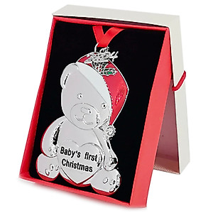 Baby's First Christmas Ornament 2024 Xmas Tree Decoration Metal Teddy Bear with Red Christmas Cap Hanging Ornament Engraved Baby's First Christmas,Baby Girl Boy Keepsake Decor Gift