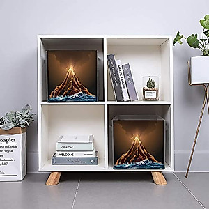 Volcanic Eruption View PU Leather Collapsible Storage Bins Canvas Cube Organizer Basket with Handles