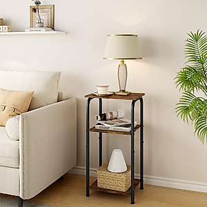 Tajsoon Tall End Table 3 Tier 30 Inch Narrow Side Table with Storage Shelves, Small Table Stand for Small Spaces with Metal Frame, Small Sofa Table for Living Room, Bedroom, Office, Rustic Brown