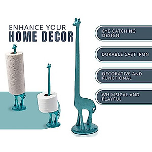 Paper Towel Holder or Free Standing Toilet Paper Holder- Cast Iron Giraffe Paper Holder - Bathroom Toilet Paper Holder or Stand Up Paper Towel Holder - Rustic Blue w/Vintage Finish by Comfify