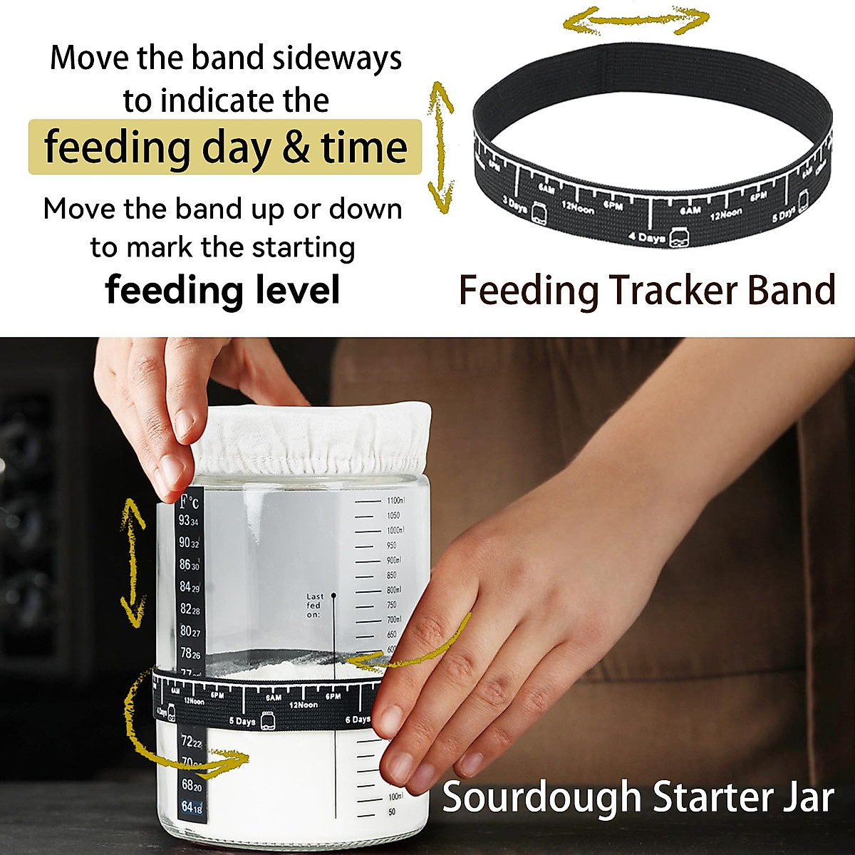 Nolniu Sourdough Starter Jar, 42 oz Large Capacity Sourdough Starter Jar with Date Marked Feeding Band, Sourdough Jar Scraper, Cloth Cover & Metal Lid, Sourdough Starter Kit