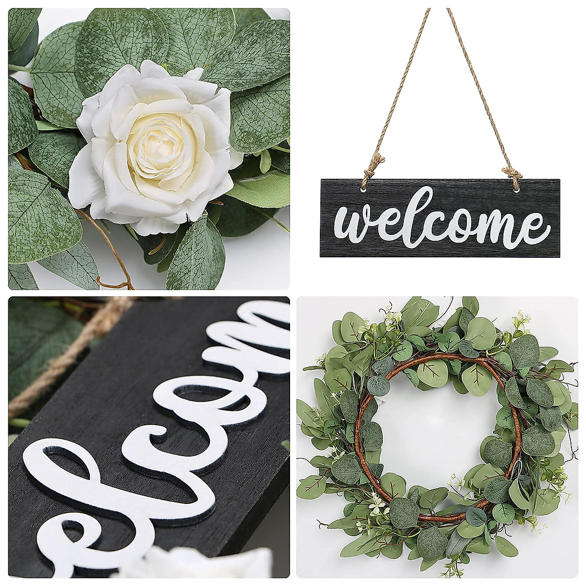 Dremisland Welcome Wreath for Front Door,18 Inch Artificial Rose Eucalyptus Leaves Wreath,Floral Garland Wreath for Window Garden Festival Celebration Wedding Home Decor (Black)