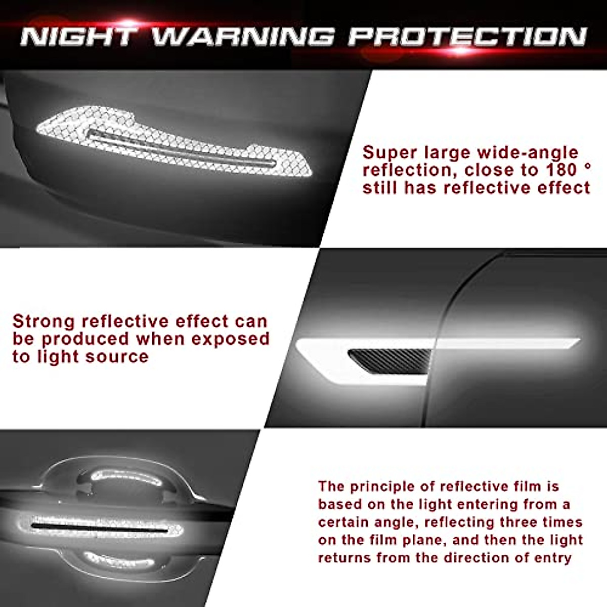 Xotic Tech Car Side Door Marker Rearview Mirror Edge & Door Handle Protector Guard Cover Warning Sticker Set, Carbon Fiber Pattern w/Reflective Safety Strip (White)