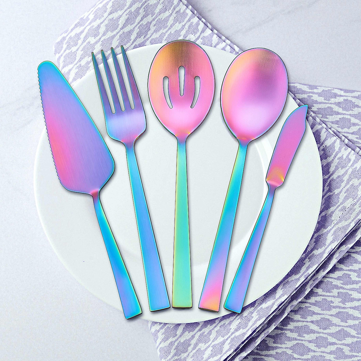 Herogo 5-Piece Matte Rainbow Stainless Steel Serving Utensils Set, Metal Square Hostess Serving Set for Catering Banquet Buffet Party Camping Kitchen Restaurant, Dishwasher Safe