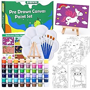 RYRIWOU Pre Drawn Canvas Set 8 Packs Pre-Printed Canvas Acrylic Oil Painting Kit for Kids Ages 8-12 9-12 5x7 inch Canvas with 48 Paints 6 Brushes 2 Easels for Party Favor School Projects