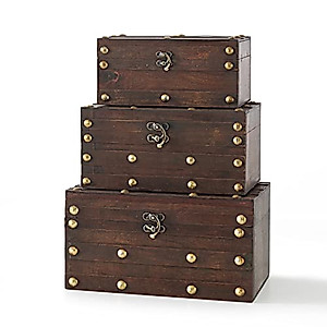 Soul & Lane Monahan Wooden Treasure Chest Boxes - Set of 3: Decorative Storage with Hinged Lid, Latch and Metal Hardware, Farmhouse Wood Keepsake Chests, Vintage Craft Boxes, Suitcases and Trunks