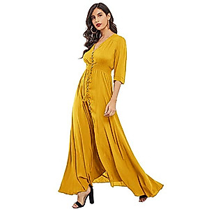 Milumia Women's Button Up V Neck Half Sleeve Split Flowy Plain Party Maxi Dress Yellow X-Large