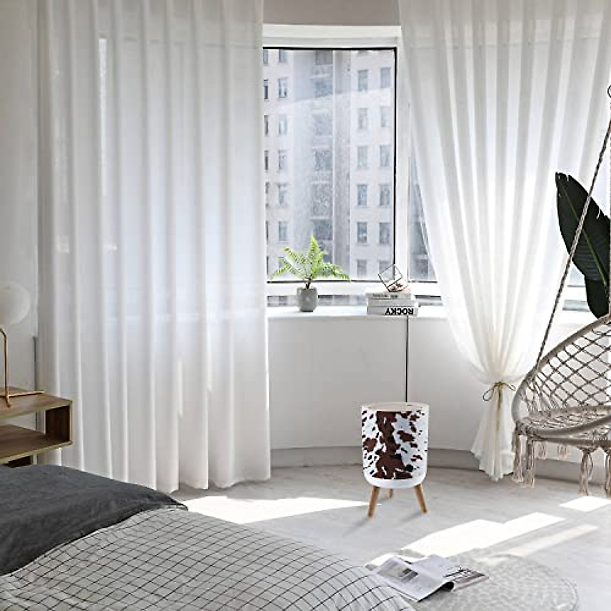 Small Trash Can with Lid Seamless Texas Longhorn cow hide print design with big brown spots Garbage Bin Wood Waste Bin Press Cover Round Wastebasket for Bathroom Bedroom Kitchen 7L/1.8 Gallon