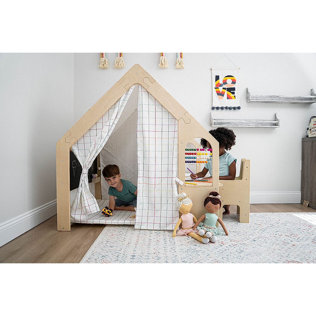 Avenlur Flair Montessori Style Wooden 5 in 1 Indoor Playhouse Play Tent with Desk Table, Chair, Chalkboard, Floor Cushion and Curtain Shades for Babies, Toddlers, Kids (Large, Windowpane)