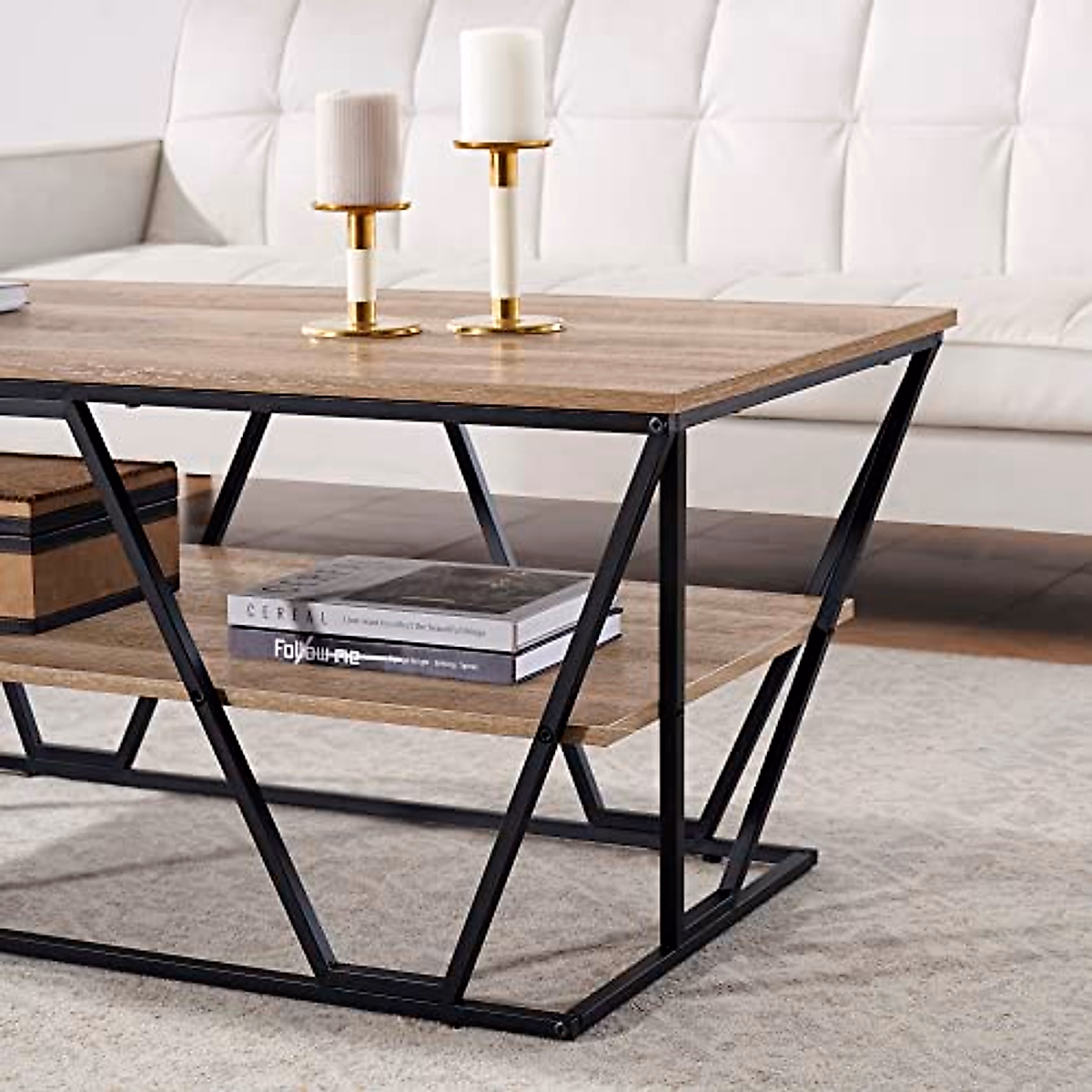 TTHAETUR Industrial Coffee Table for Living Room, 47inch Wooden Center Table with Large Storage Shelf, 2-Tier Mid Century Modern Coffee Table, Rustic Oak
