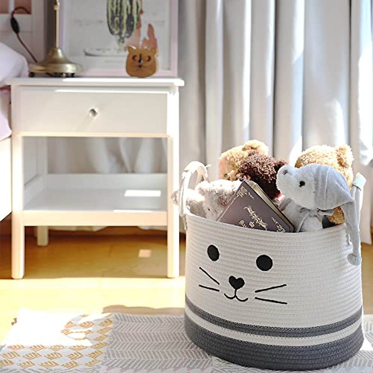 Large Woven Cotton Rope Storage Basket Baby Laundry Basket Blanket Basket with Handles Nursery Cat Basket for Toys Gifts