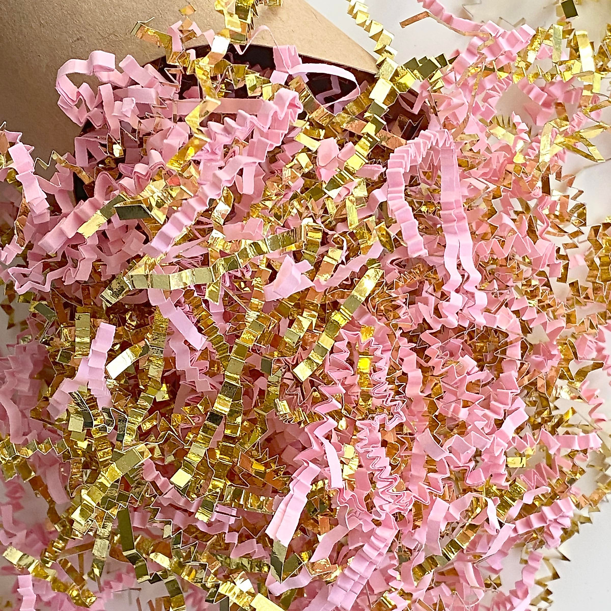 Colors of Rainbow - 3 oz - Gold & Pink - Mixed Color Shred Filler Crinkle Cut Paper for luxury Gift Box Filler Gift Basket Stuffing Shipping Packaging Craft Party Favor Bags (Gold & Pink)