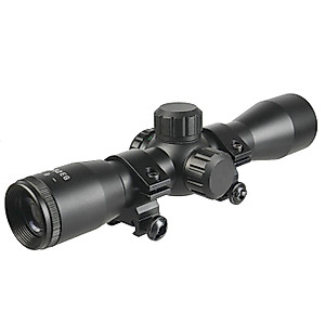 TWP 4x32 Compact Hunting Crossbow Archery Scope, Etched Glass Reticle Circles and Rangefinder, Only Circles Red or Green Illuminated, 1" Tube and Mid-Height Weaver Ring Mount