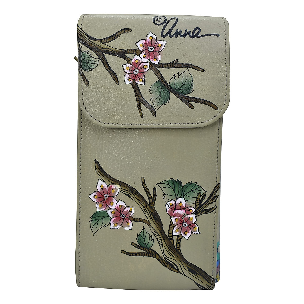 Anna by Anuchka Women's Hand-Painted Genuine Leather Phone Wallet Organizer Crossbody - Peacock Bliss Taupe