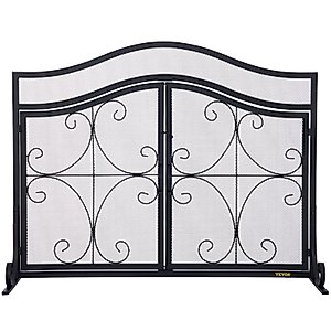VEVOR Fireplace Screen, 39 x 26.6 Inch, Double Door Iron Freestanding Spark Guard with Support, Metal Mesh Craft, Broom Tong Shovel Poker Included for Fireplace Decoration & Protection, Black