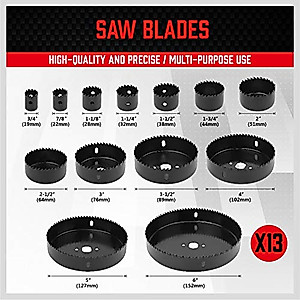 SEDY Hole Saw Kit, 19-Pieces Hole Saw Set with Red Case Include 13pc 3/4"-6"(19-152mm) Saw Blades, 2 Mandrels, 2 Drill Bits, 1 Installation Plate, 1 Hex Key, Ideal for Soft Wood, Plywood, Drywall, PVC
