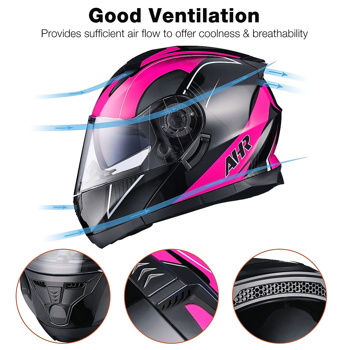 AHR Motorcycle Helmet Dual Visor Modular Flip up Full Face Helmet DOT Approved - AHR Helmet Run-M3 for Adult Motorbike Street Bike Moped Racing (Black Pink, L)