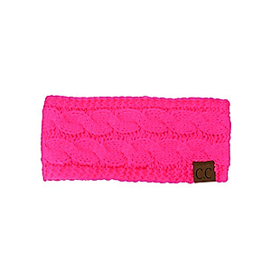 C.C Soft Stretch Winter Warm Cable Knit Fuzzy Lined Ear Warmer Headband, Neon Hot Pink