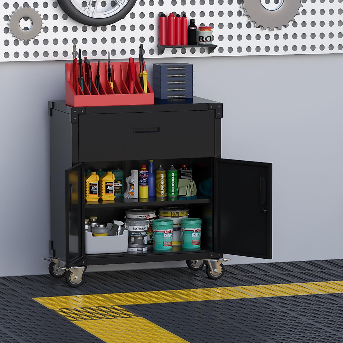 SUPEER Metal Garage Cabinet with Wheels,Mobile Storage Cabinet with 2 Doors & 1 Drawer,Steel Storage Cabinet for Garage,Home,Office,Utility Room- Assembly Required (Black)