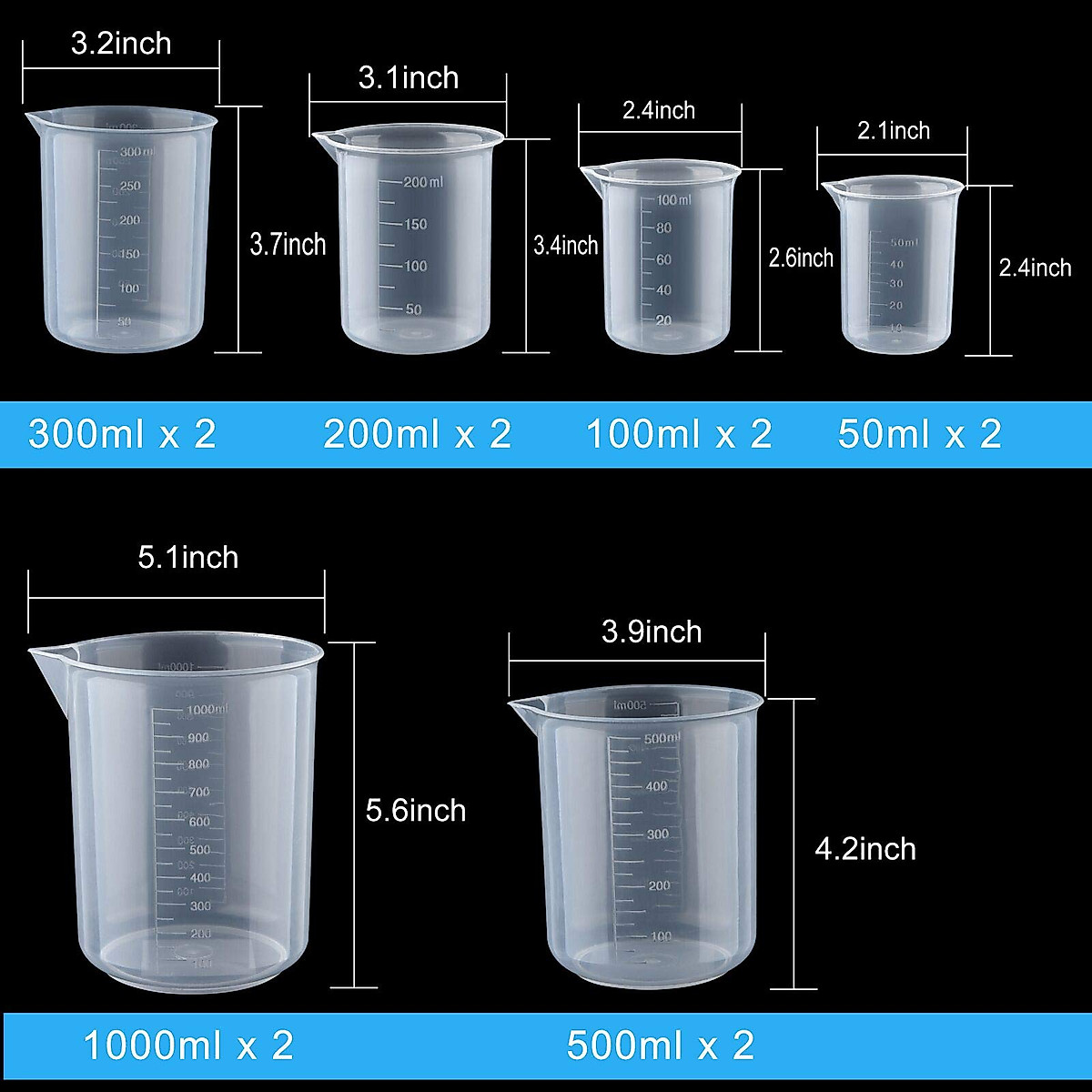 Coopay 12 PCS Plastic Beakers Plastic Graduated Cups Clear Multipurpose Measuring Cups Epoxy Mixing Cups, Liquid Container Beakers in 50ml/100ml/200ml/300ml/500ml/1000ml for Resin, Epoxy, Mixing Paint
