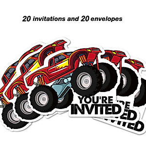 Monster Truck Themed Party Invitations with Envelopes, 20 Set Monster Truck Shaped Invitations Birthday Baby Shower Party Invites Supplies Favors, Double-Sided