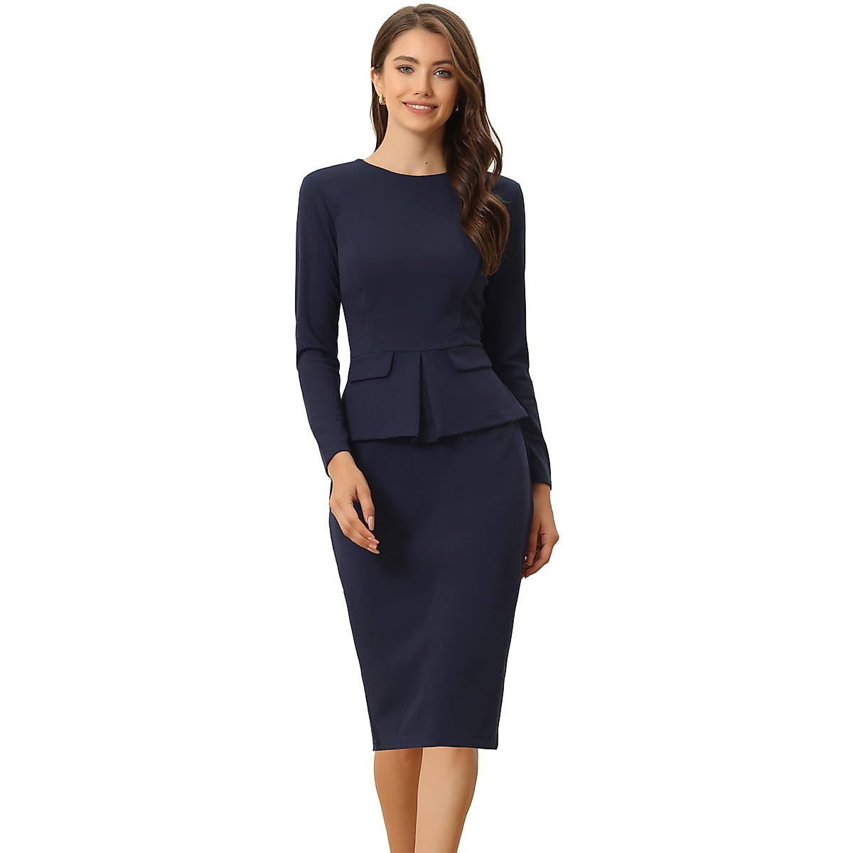 Allegra K Women's Bodycon Pencil Dress Round Neck Long Sleeve Peplum Wear to Work Office Sheath Dress Small Navy Blue