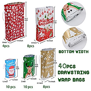 40pcs Drawstrings Christmas Gift Bags Assorted Sizes, Holiday Gift Bag Bulk Christmas Bags For Gifts Wrapping, Reusable Plastic Xmas Presents Party Favor Goody Bags Jumbo/Extra Large/Medium/Small