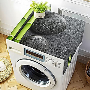 Poeticcity Black Zen Basalt Stones with Dew Green Bamboo on Dark 1 PC Washing Machine Cloth Dustproof Cover with Storage Bags Lace, Fridge Oven Dryer Top Dust Oil Proof Cover 51" x 22" for Home
