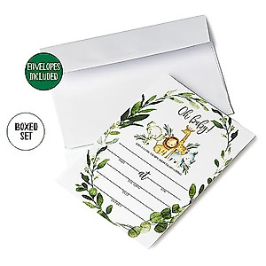 25 Wreath Safari Greenery Baby Shower Invitations (Large Size 5X7 inches), Diaper Raffle Tickets, Baby Shower Book Request Cards with Envelopes Jungle Animal Invites for Boy Neutral Baby Showers