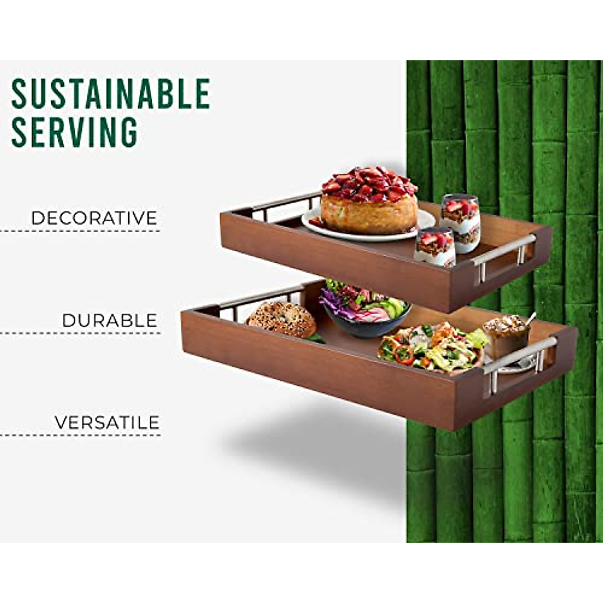 Set of 2 Modern Bamboo Serving Trays with Metal Handles – Bamboo Nesting Trays – Large, and Small Trays Set for Food, Ottoman Décor & More – Bamboo Trays for Breakfast - Brown