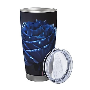 EKPRAVDKTF Blue Rose 20oz Insulated Stainless Steel Tumbler With Lids And Straws, Double Wall Vacuum Travel Coffee Mug, Thermal Cup For Cold & Hot Drinks, Reusable Metal Straw & Brush