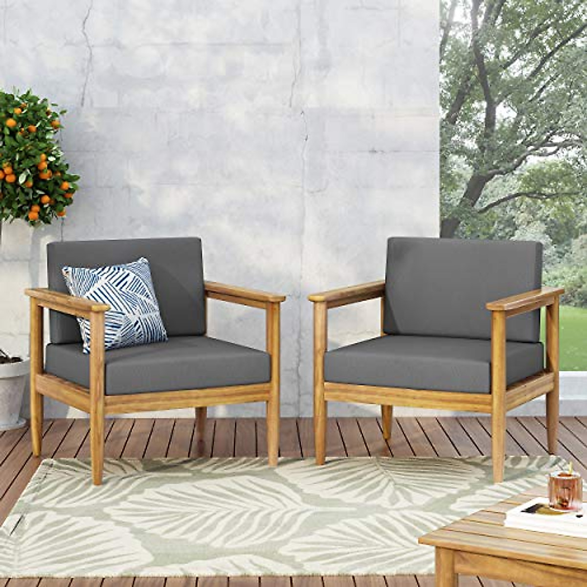 Christopher Knight Home Eudora Outdoor Acacia Wood Club Chair (Set of 2), Teak and Dark Gray