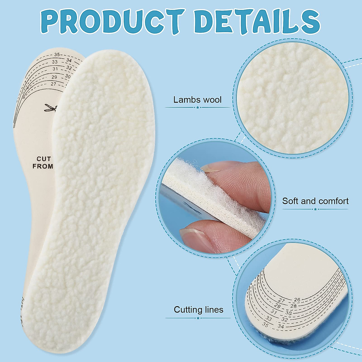 2 Pair Winter Shoe Insoles for Kids Wool Fleece Insoles Sheep Wool Shoe Insert Fluffy Wool Flat Brioche for Sneakers and Boots, Warm and Soft, Beige