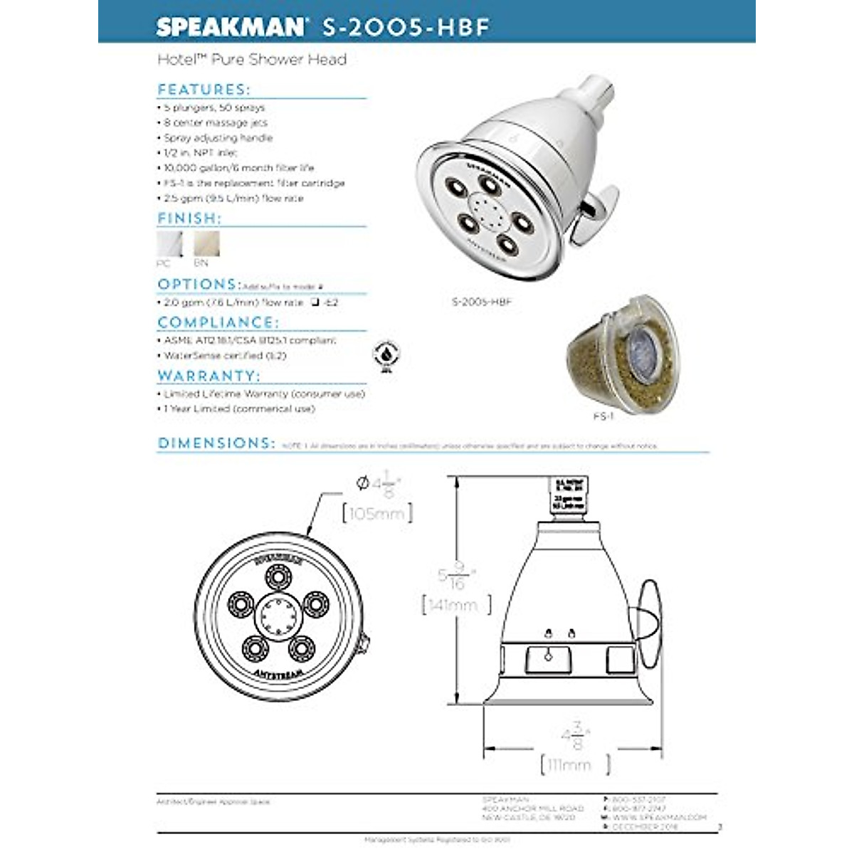 Speakman S-2005-HBF Hotel Pure Luxury Filtered Shower Head with Massage Setting, 2.5 GPM, Polished Chrome