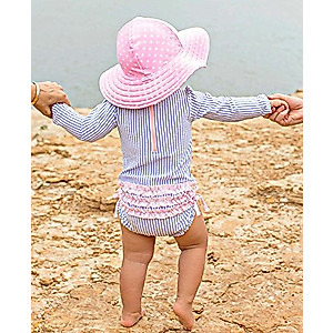 RuffleButts® Baby/Toddler Girls Long Sleeve One Piece Swimsuit - Blue Seersucker with UPF 50+ Sun Protection - 6-12m