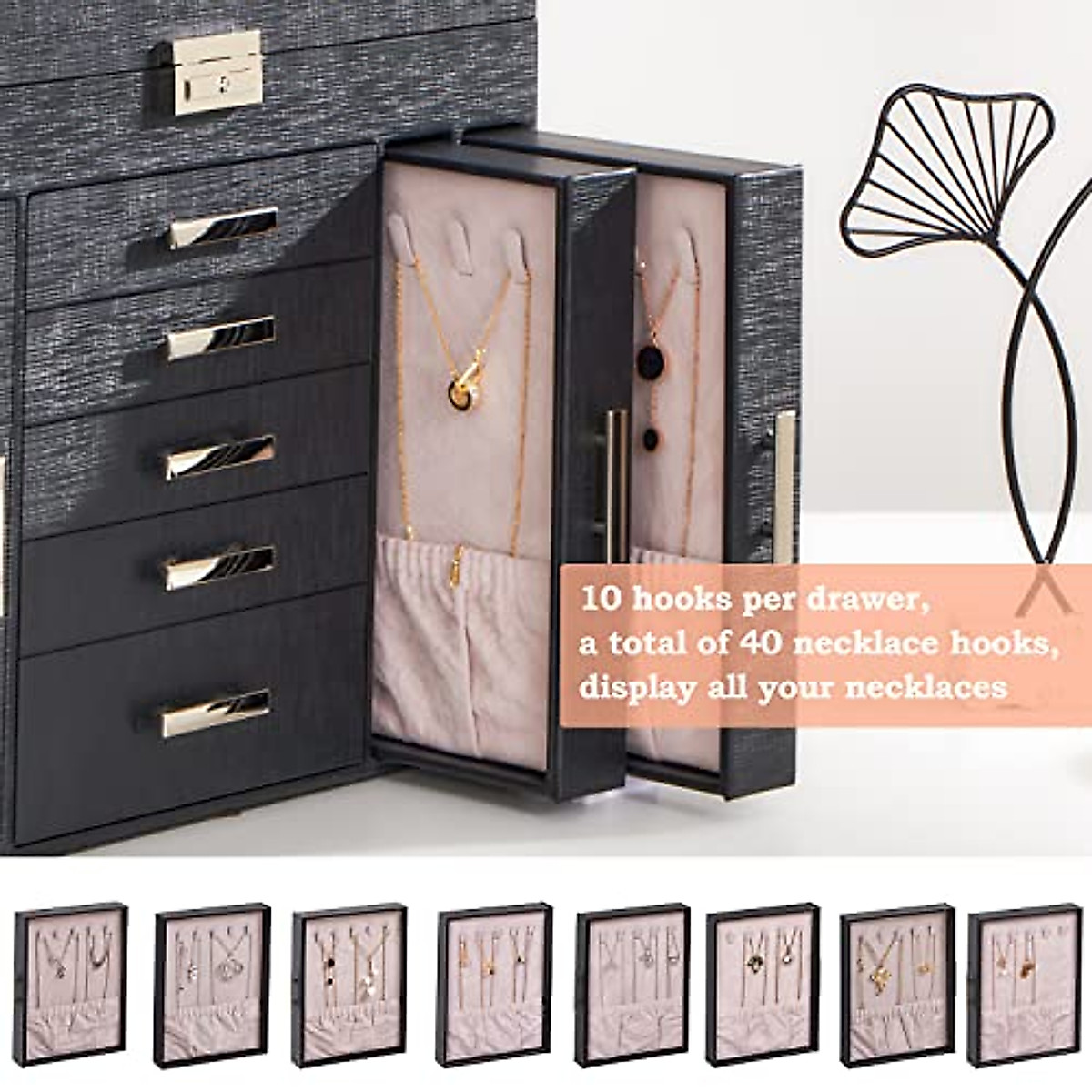 ANWBROAD Huge Jewelry Box Jewelry Organizer Case 6 Tier 40 Hooks Display Storage Holder with Lock Mirror Girls Jewelry Box Earrings Rings Necklaces Bracelets Earrings Gift Faux Leather Black UJJB018B